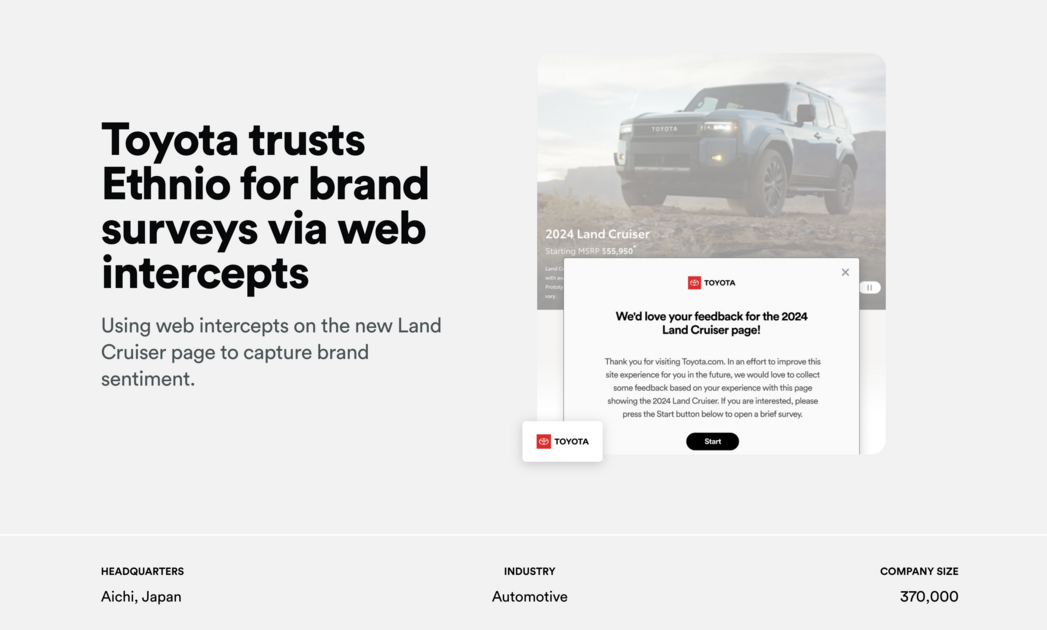 Toyota trusts Ethnio for brand surveys via web intercepts